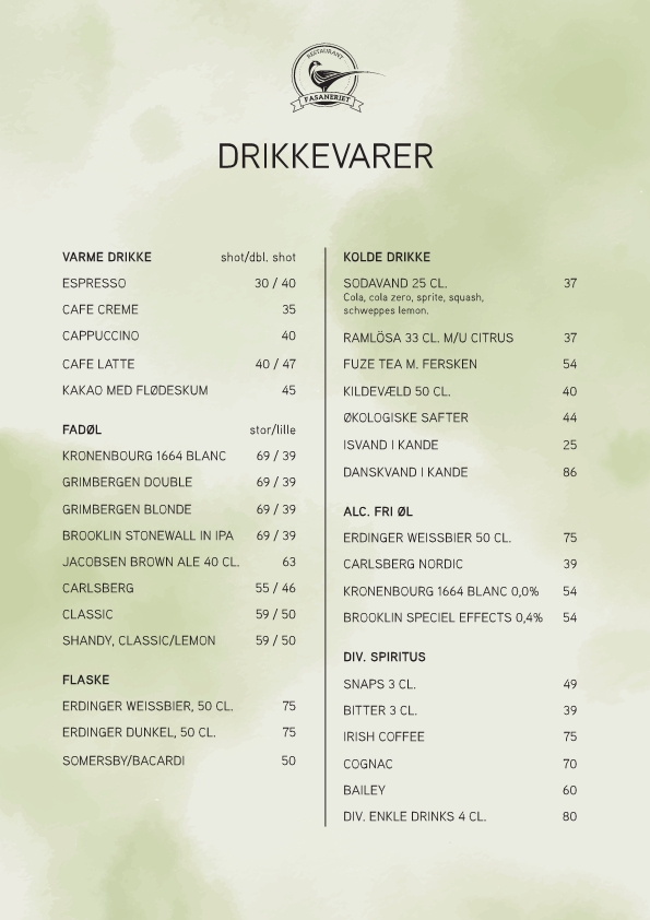 Se menuen i Restaurant Fasaneriet