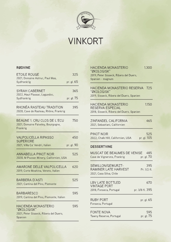 Se menuen i Restaurant Fasaneriet